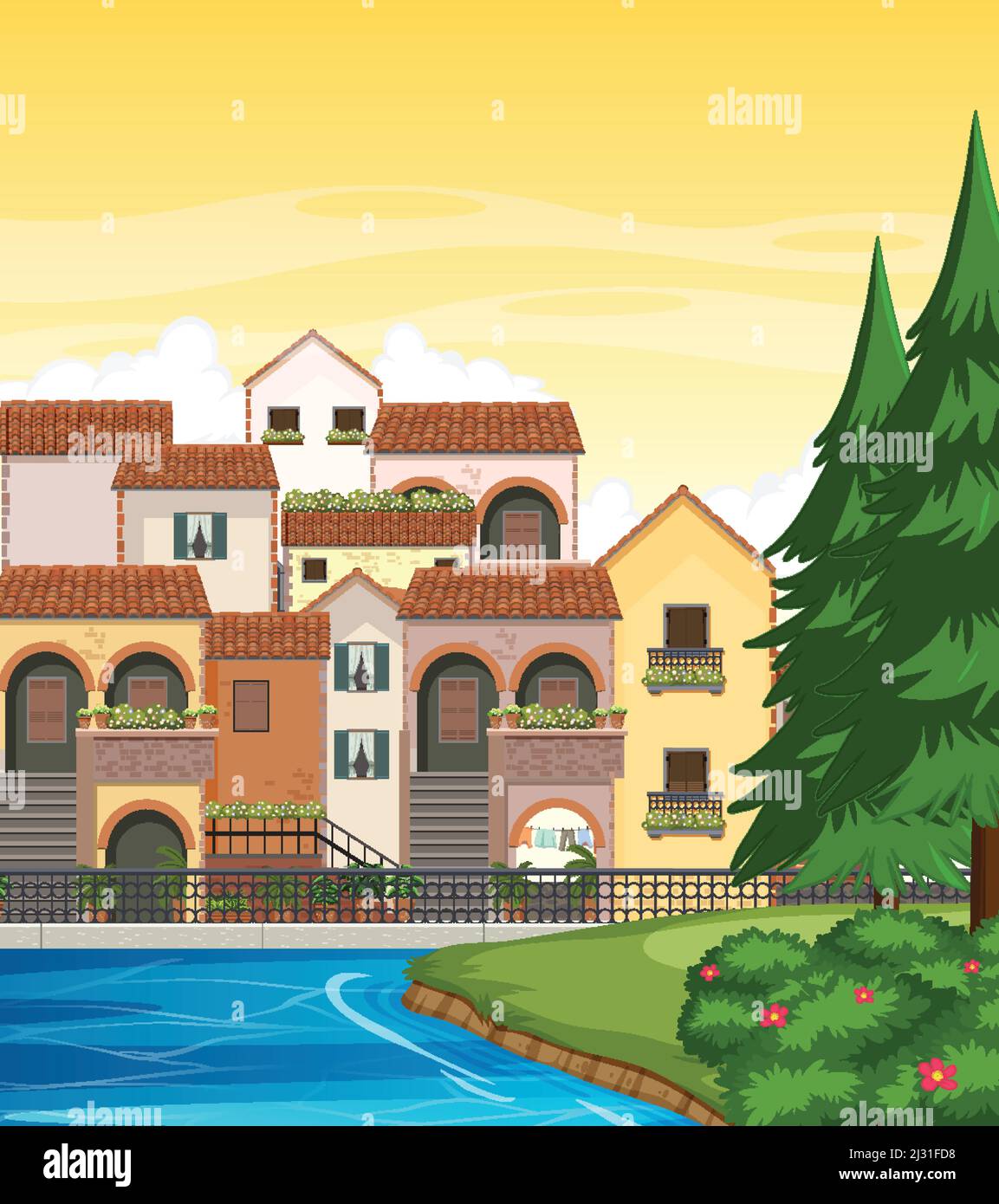 Italy town style house and building landscape illustration Stock Vector ...