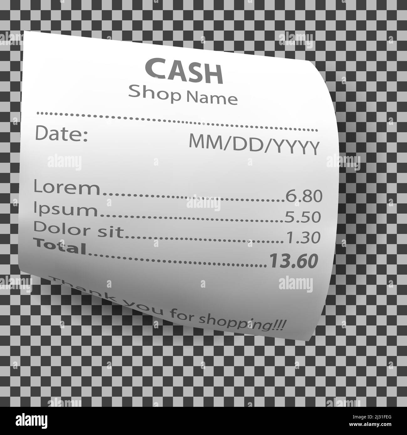 Shop receipt realistic isolated vector illustration. Direct and curled ...