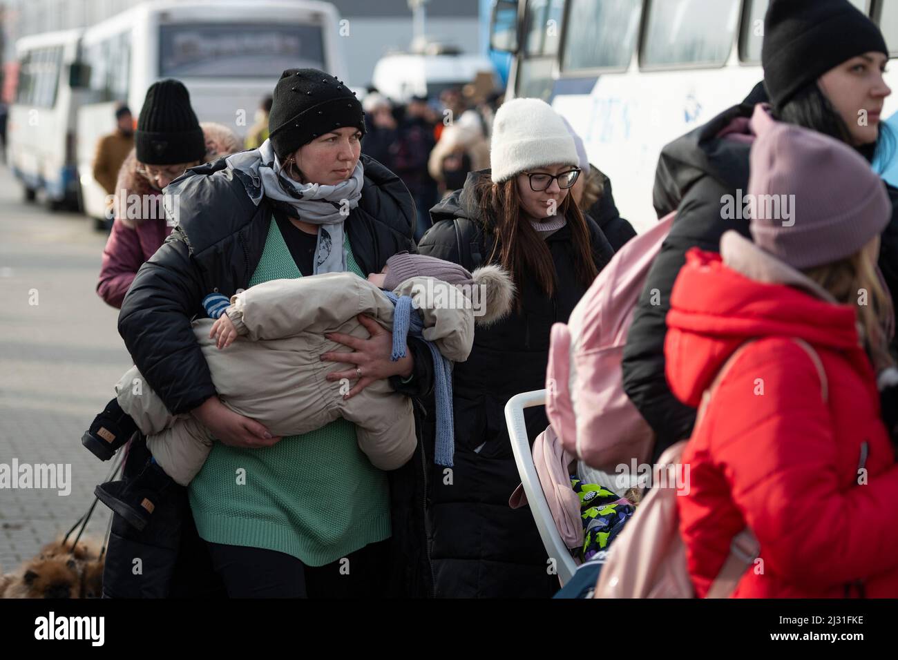 War refugees from Ukraine at the Polish border crossing Korczowa ...