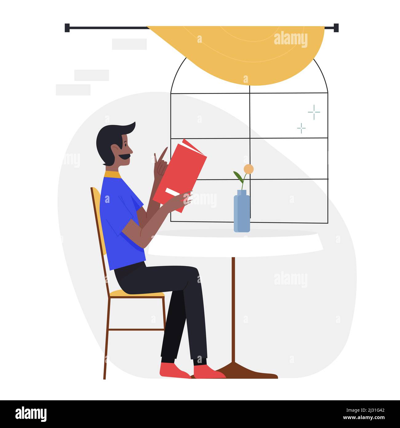 Man visitor reading menu at the cafe. Lunch break in urban cafeteria ...