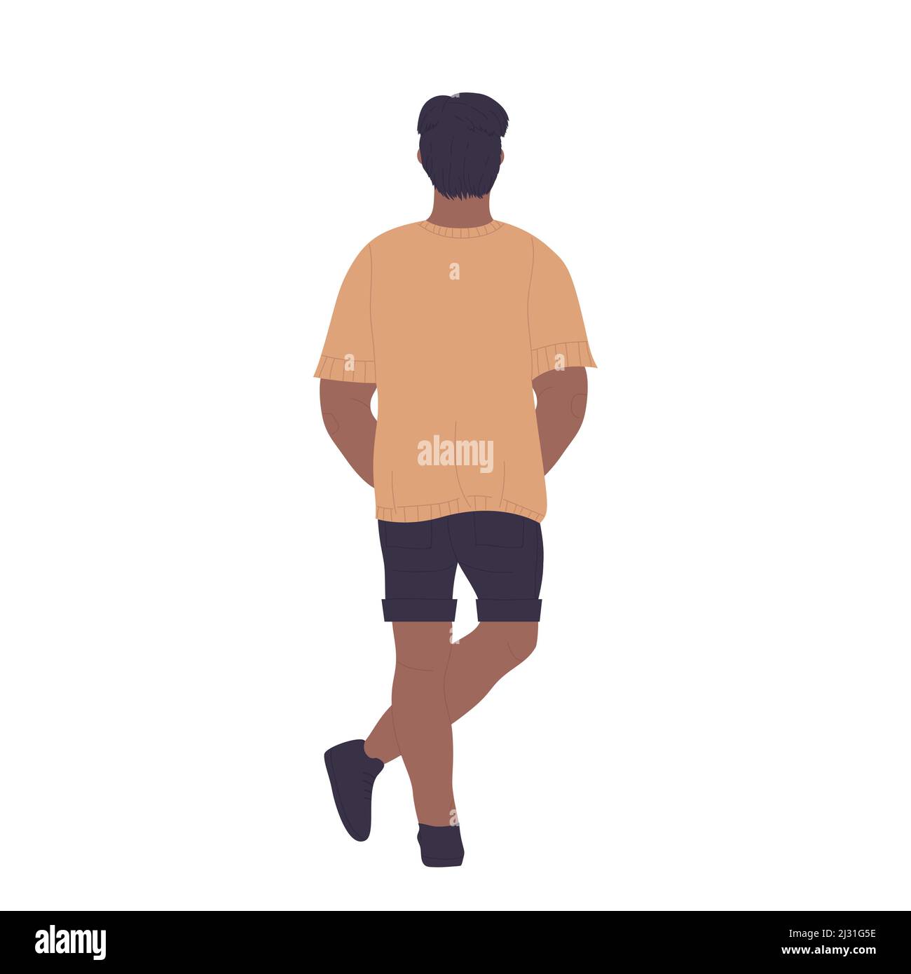 Dark skin boy standing back with crossed legs. Rear view of sportive ...