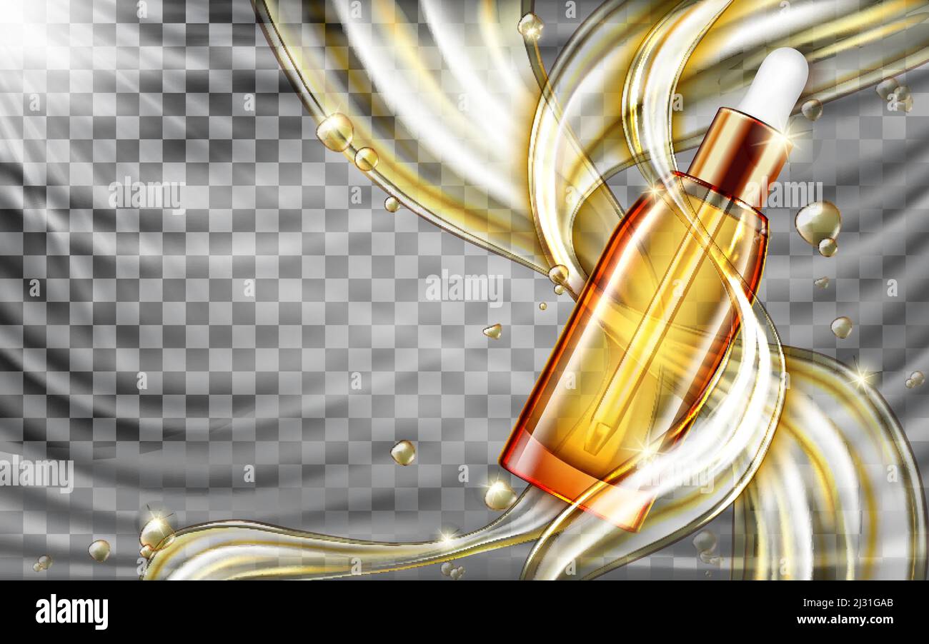 Cosmetic skin care oil or serum realistic vector poster. Glass pipette ...