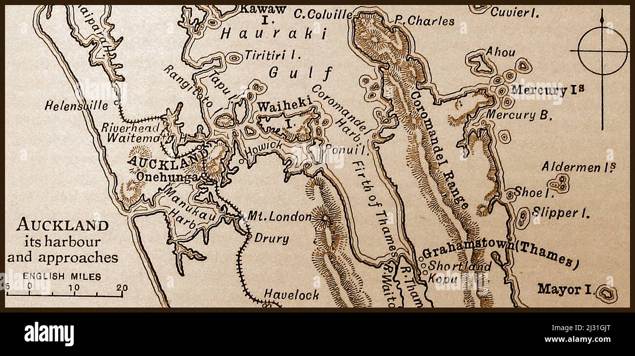 A 19th century map of Auckland, New Zealand, showing its harbour and ...