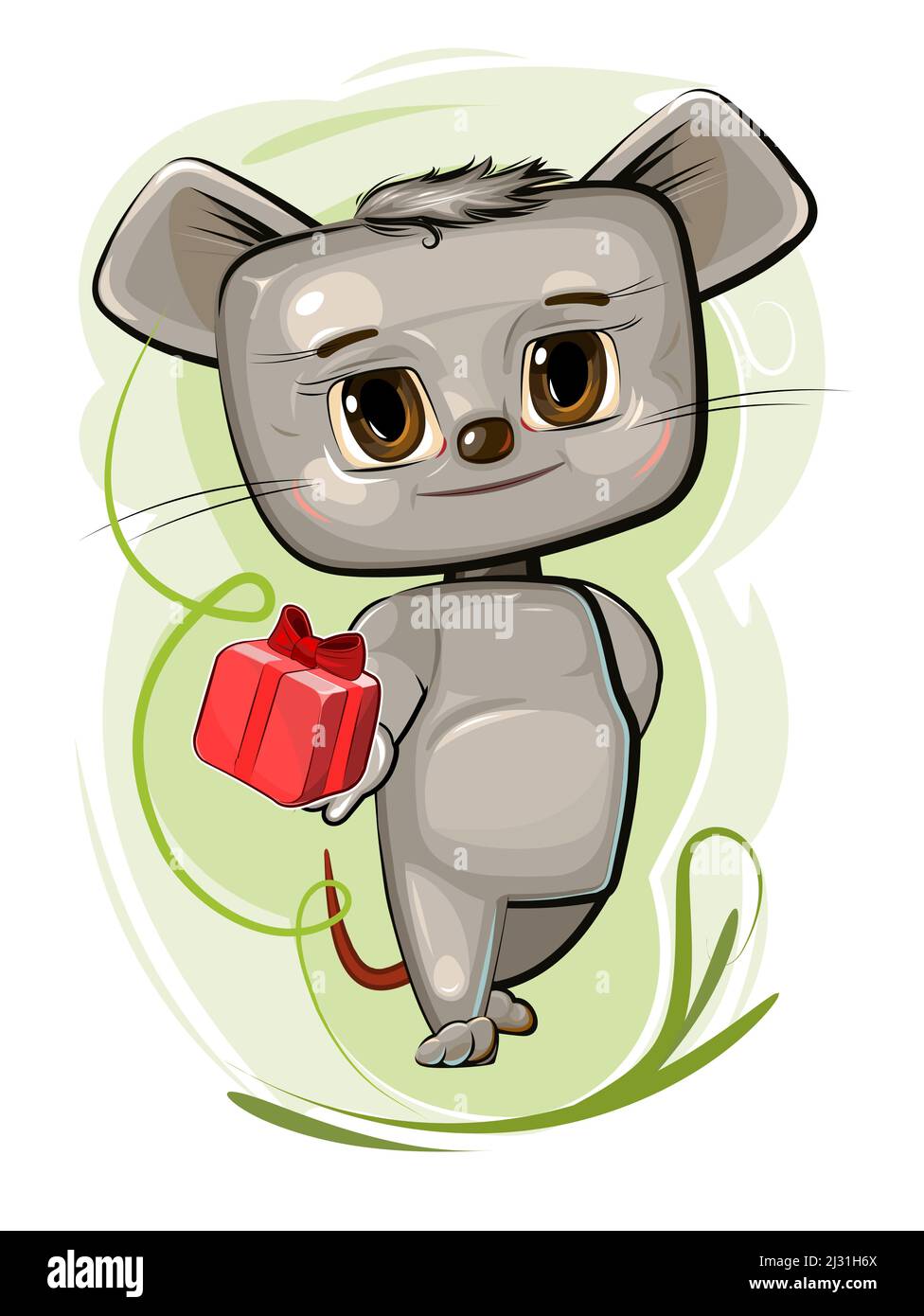 Baby Mouse carries a gift to a friend. Red box with ribbon and bow ...
