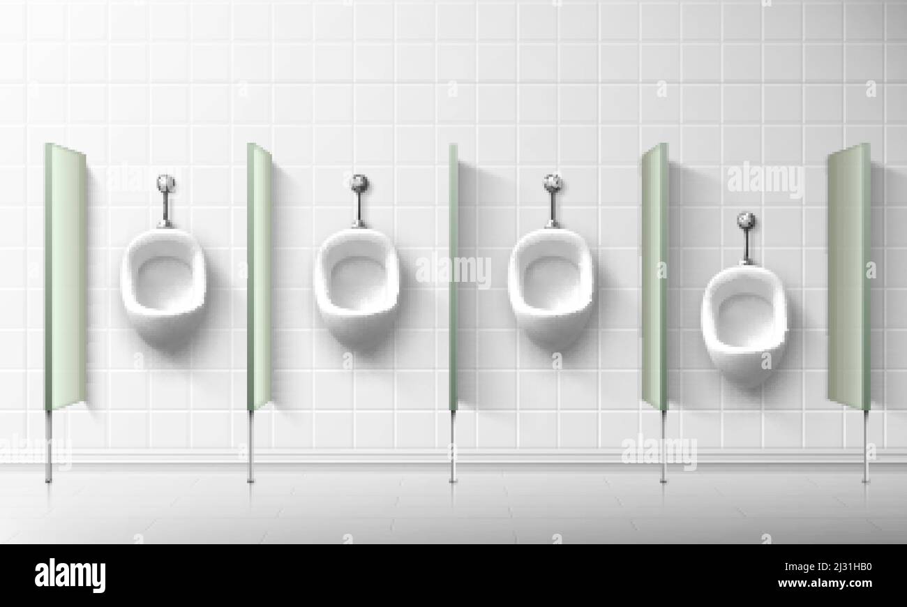 Ceramic urinals in public male toilet. Vector realistic empty interior ...
