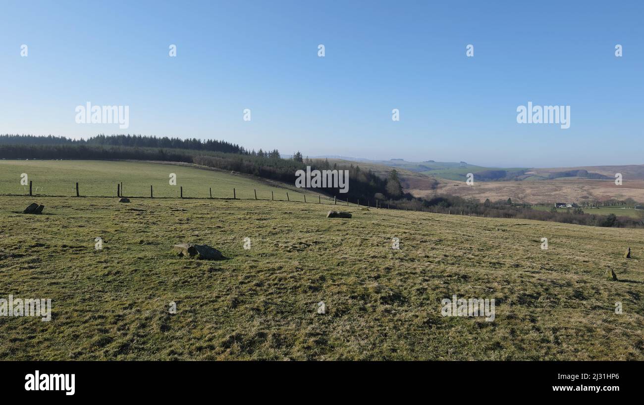 A scenic view of green field in Kerry Ridge stone circle, Wales Stock ...