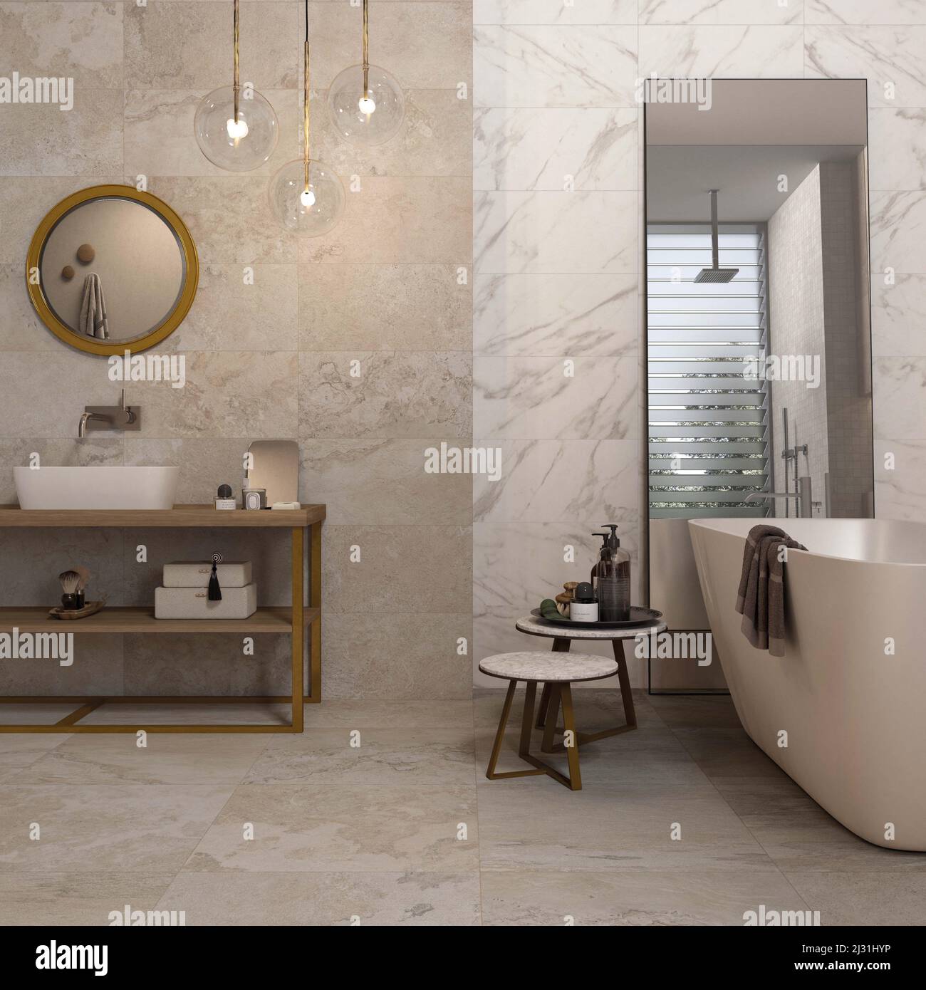 Modern bathroom with elegant tiles, seamless design, luxurious interior ...