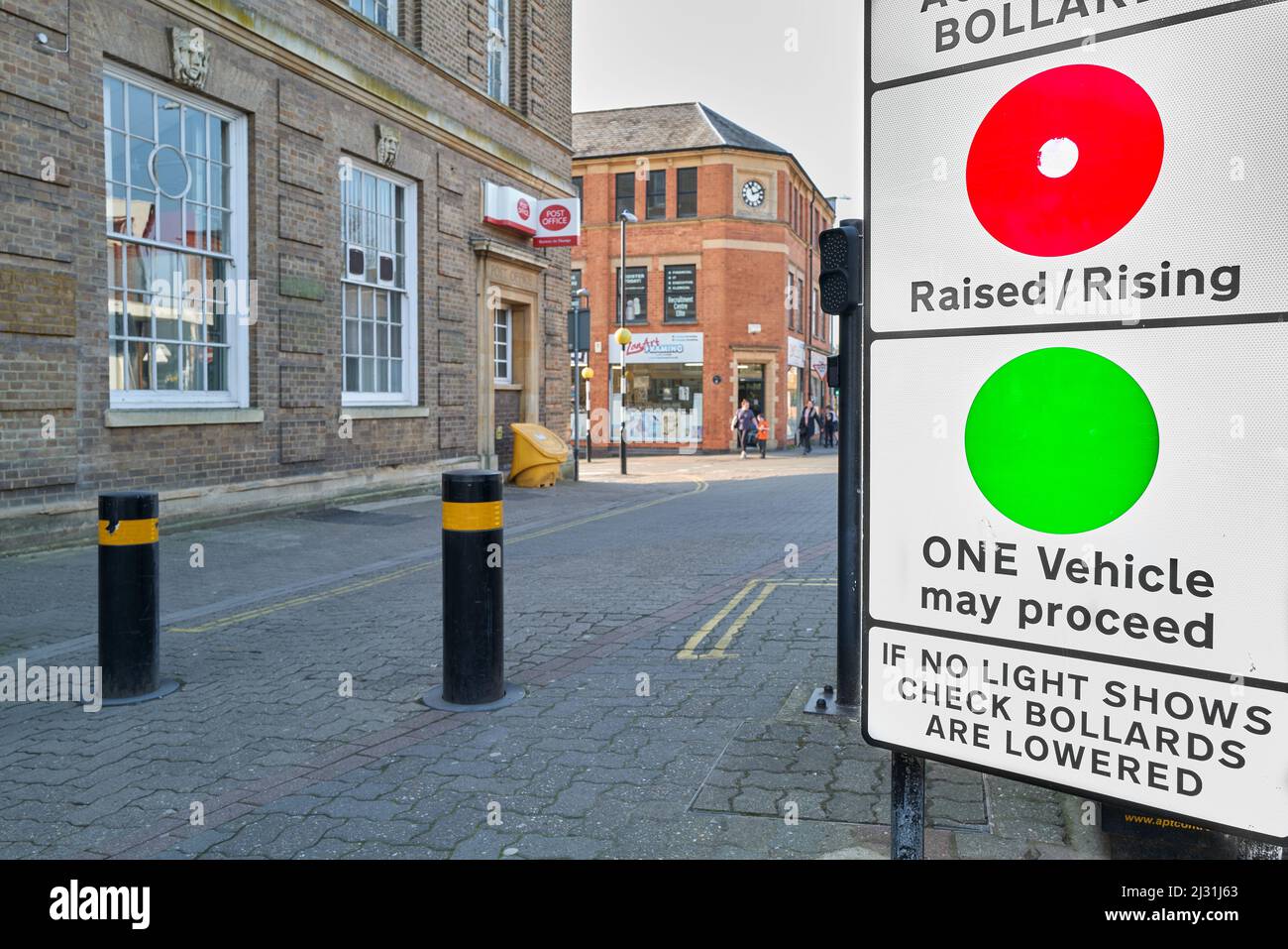 Notice about raised and rising bollards at the pedestrianised area of ...