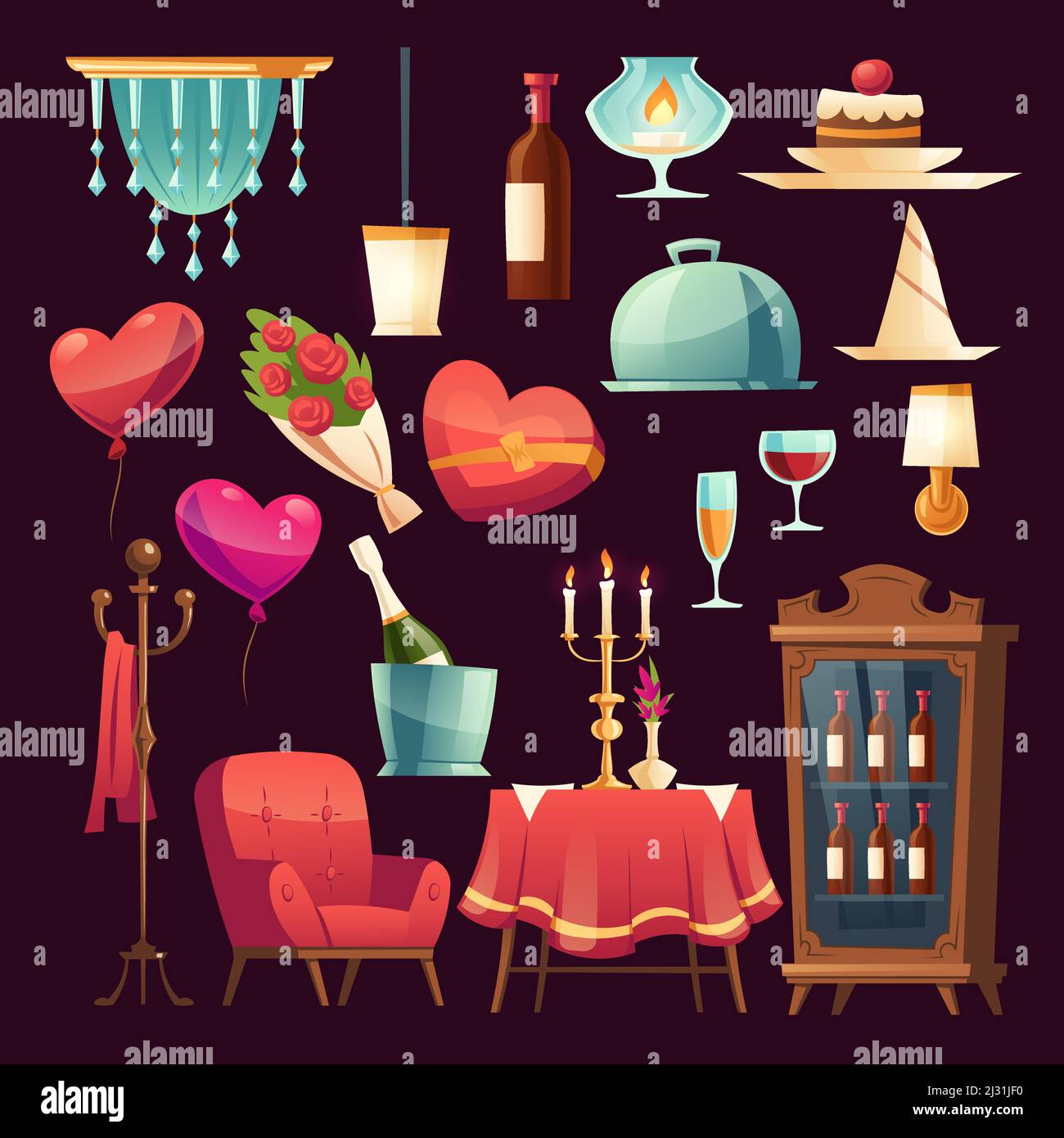 Romantic dinner in Valentines day for couple. Vector cartoon set of ...