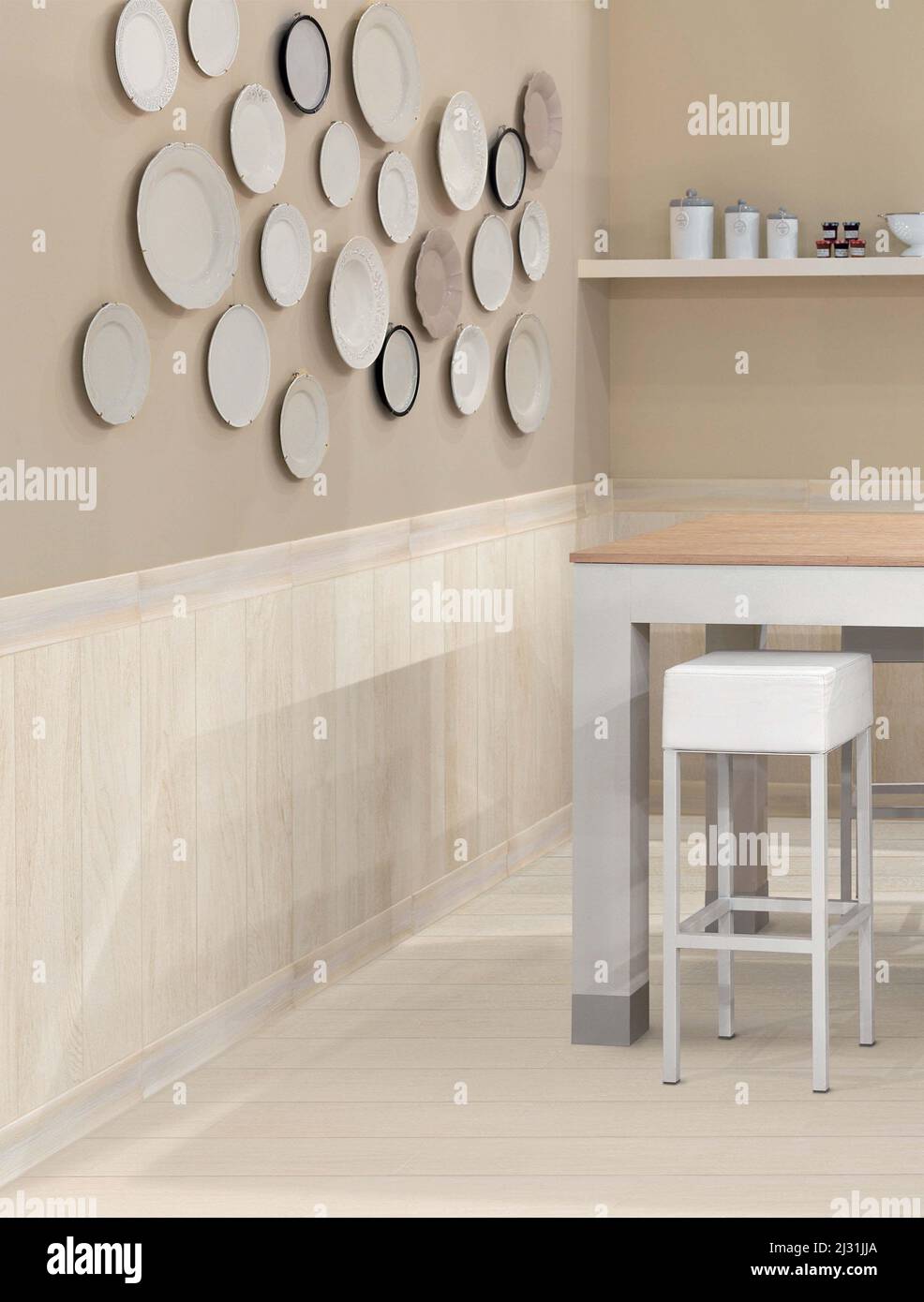 Modern interior design of kitchen with elegant gray tiles, seamless ...