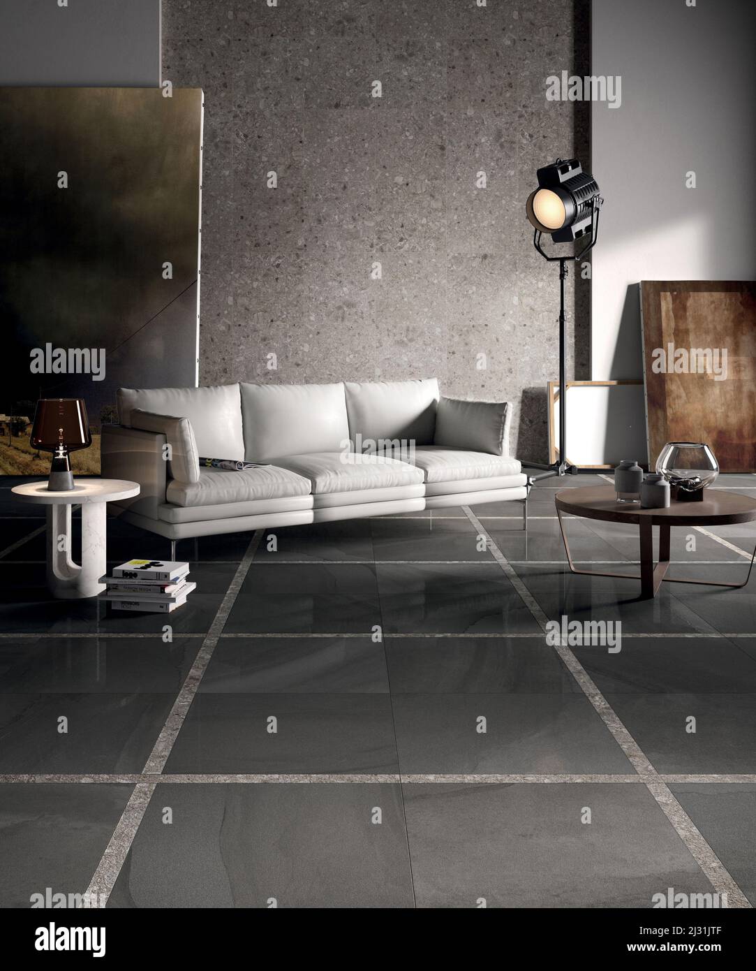 Modern interior design of room with elegant gray tiles, seamless ...