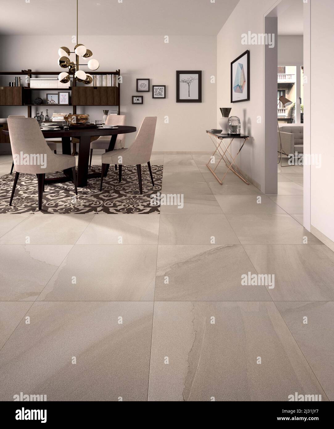 Modern interior design of room with elegant beige and cream tiles ...