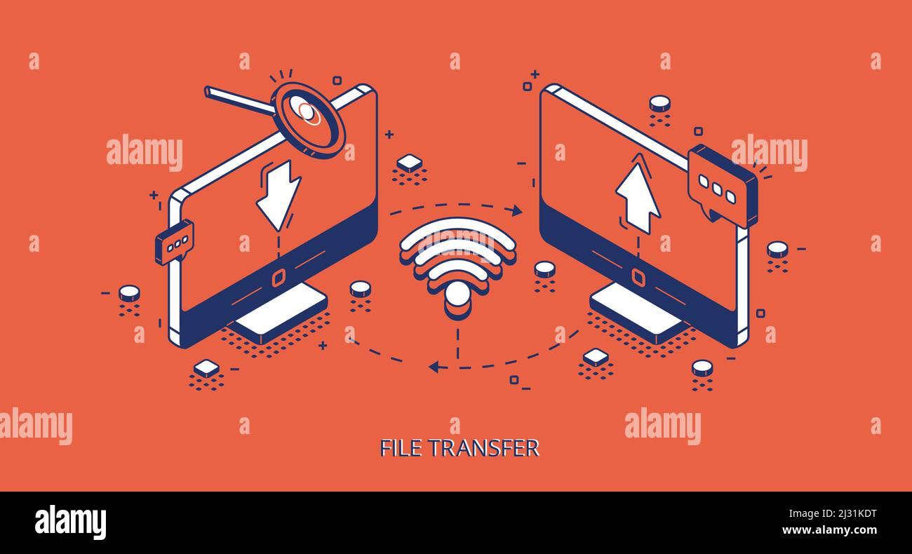 File transfer isometric banner, two computers connected via wifi share ...
