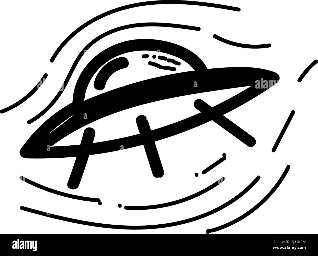 A simple icon of a spaceship, a UFO, a flying saucer. Hand-drawn sketch ...