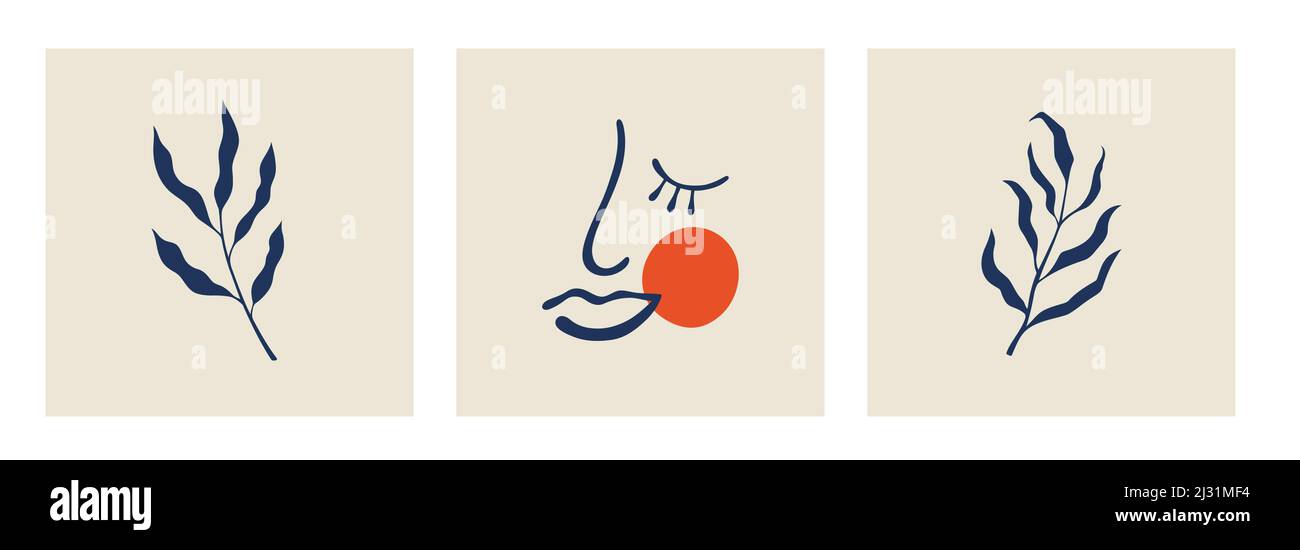 Matisse abstract woman face and tropic leaves. Contemporary art print ...
