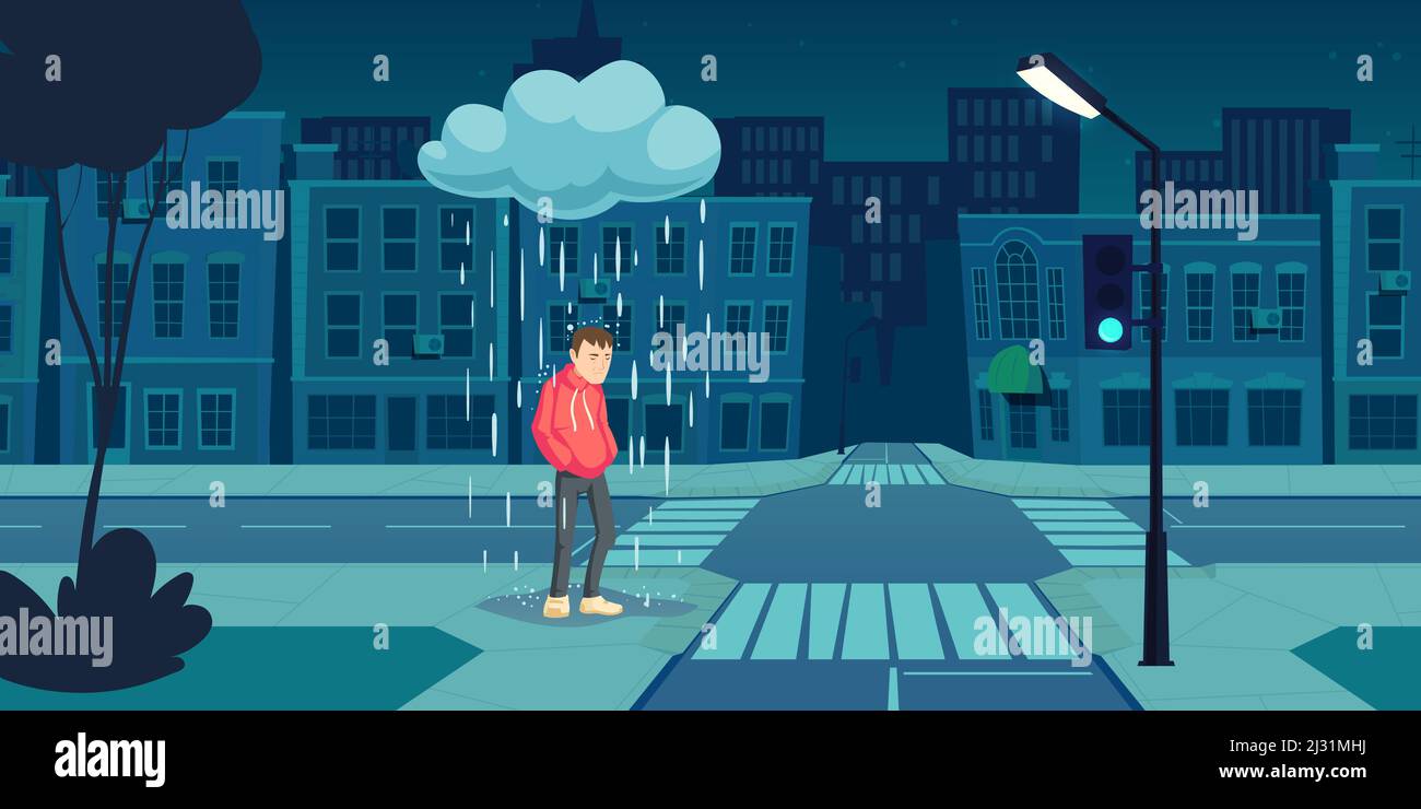 Depressed man stand under cloud with falling rain on empty night city ...