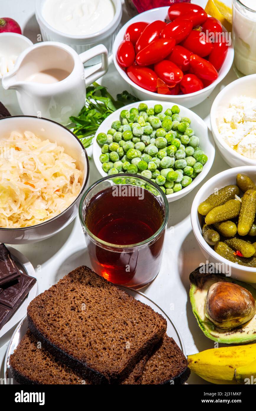 Postbiotic, prebiotic and probiotic food with medicine capsules. Set ...