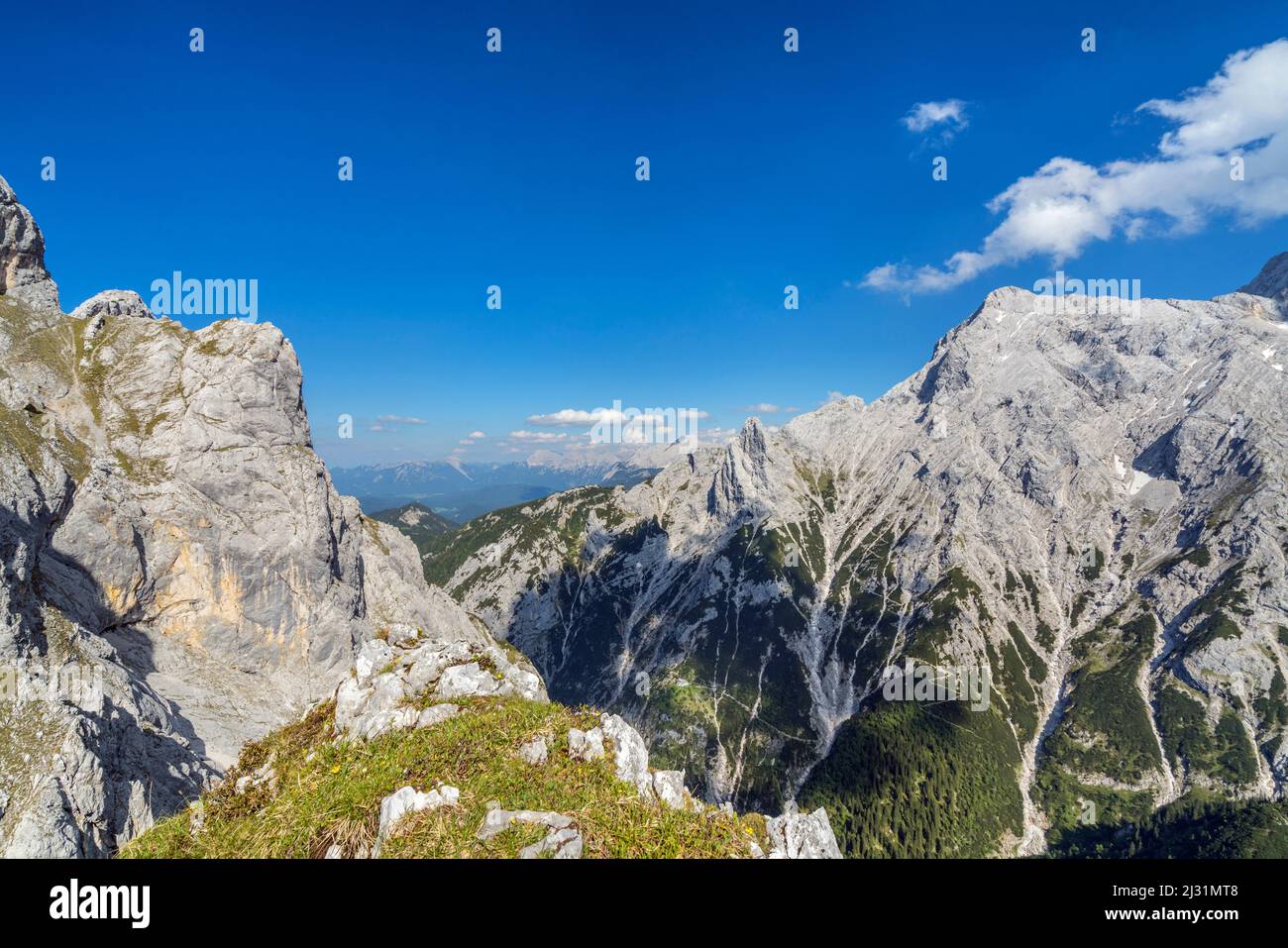 View of the Höllental and the Alpspitze (2,628 m) in the Wetterstein ...