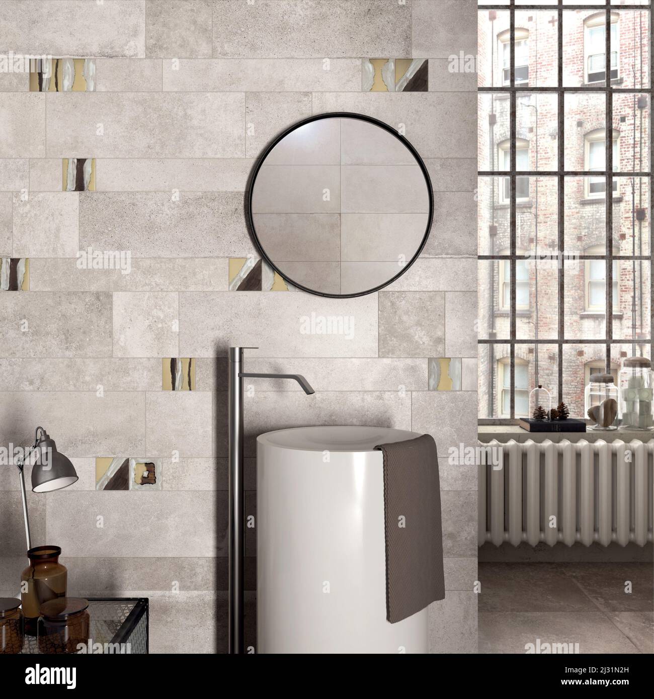 Modern bathroom with elegant tiles, seamless design, luxurious interior ...