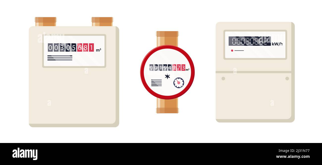 Gas, water and electric meters. Industrial and household meters set ...