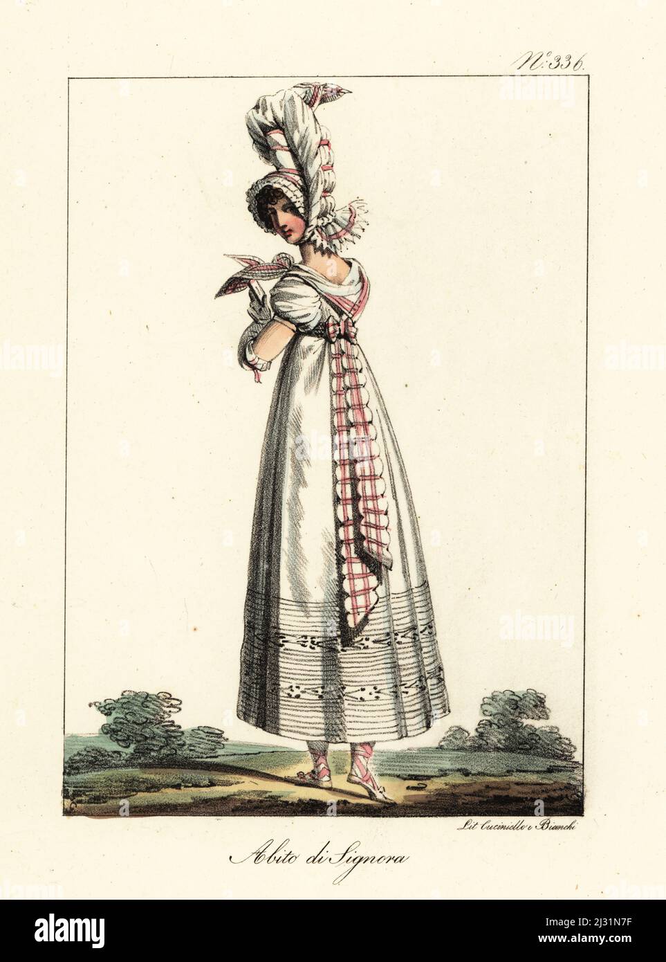 Fashionable French woman of the Napoleonic era. She wears a tall hat ...