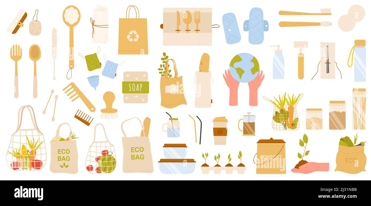 Zero waste set vector illustration. Cartoon paper food bags, reusable ...