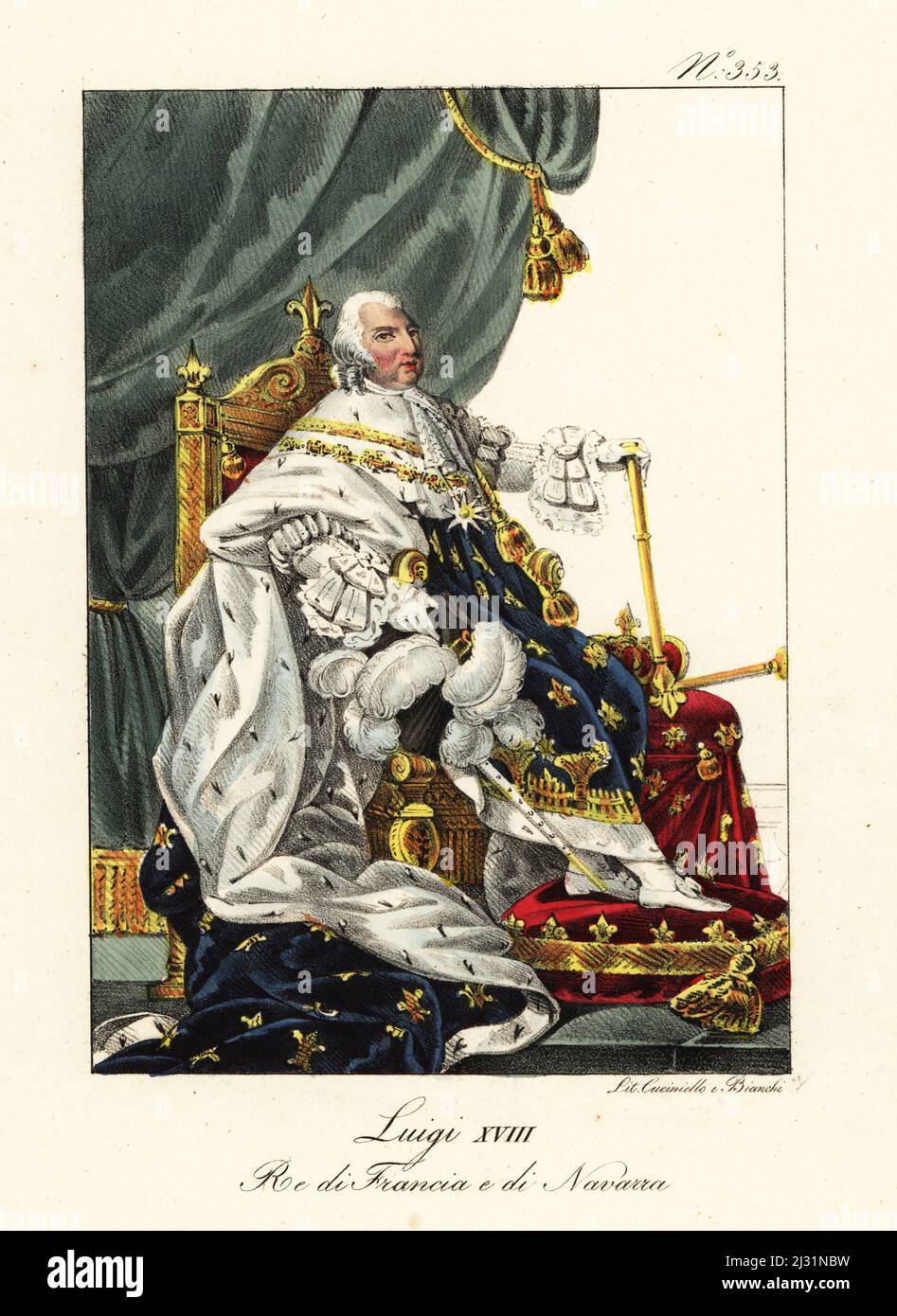King Louis XVIII of France in coronation robes. With plumed hat and ...