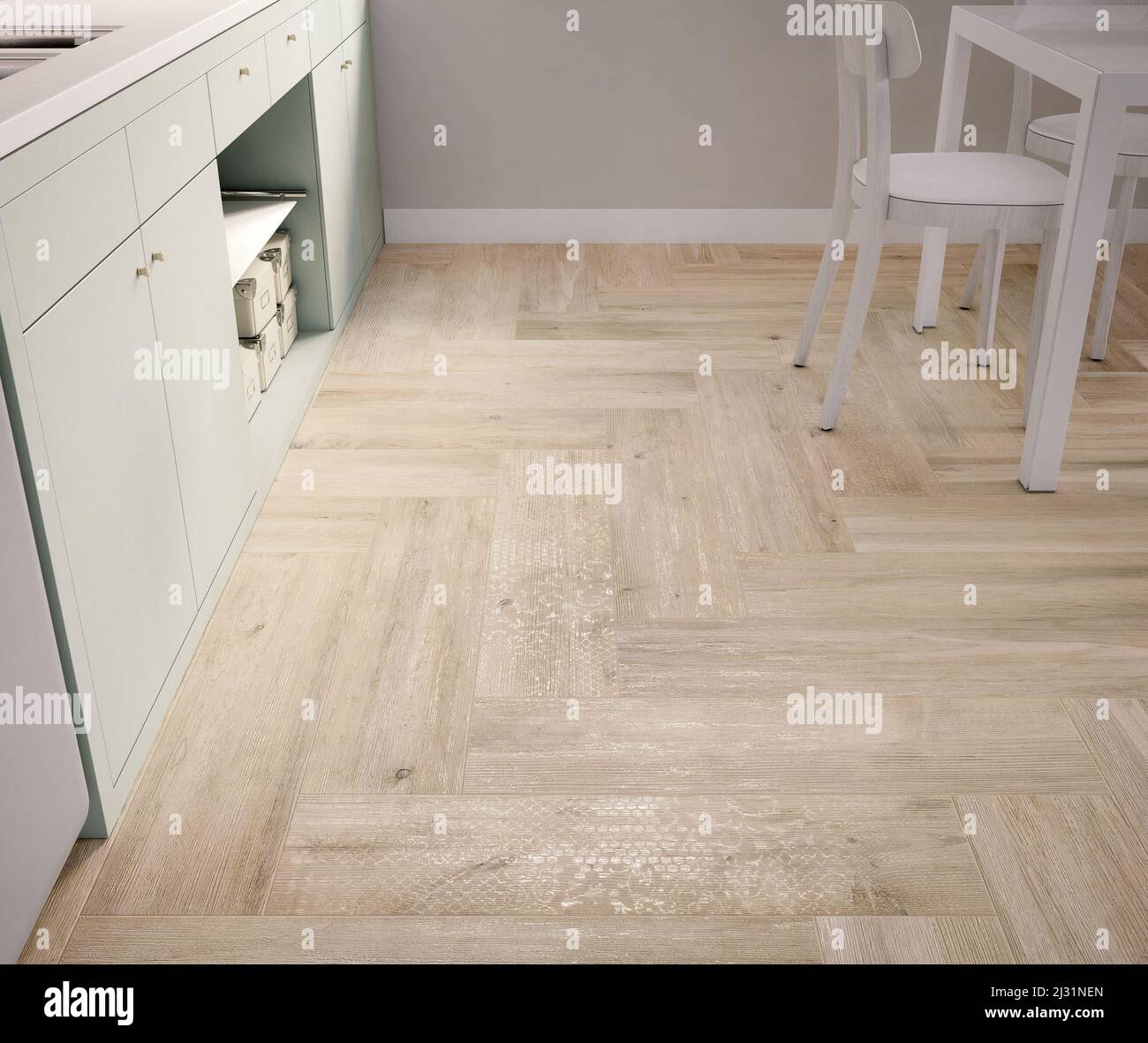 Modern interior design of kitchen with elegant gray tiles, seamless ...