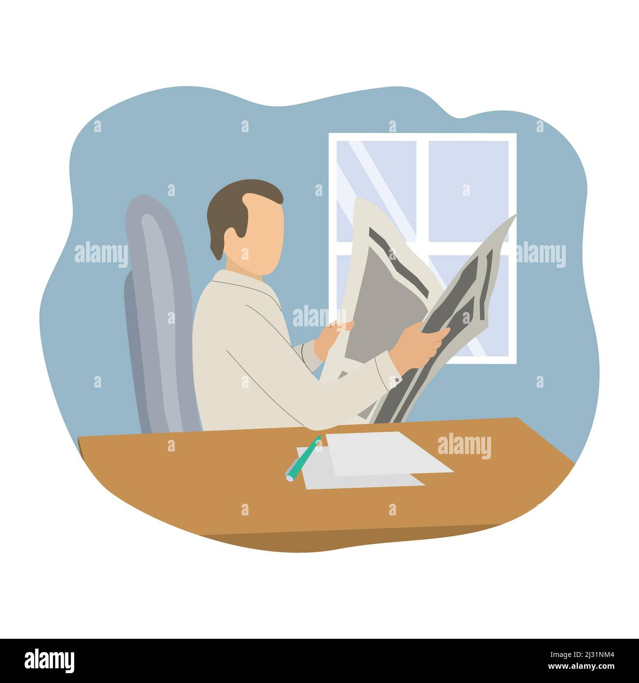Businessman reading a newspaper, morning coffee. Flat vector ...