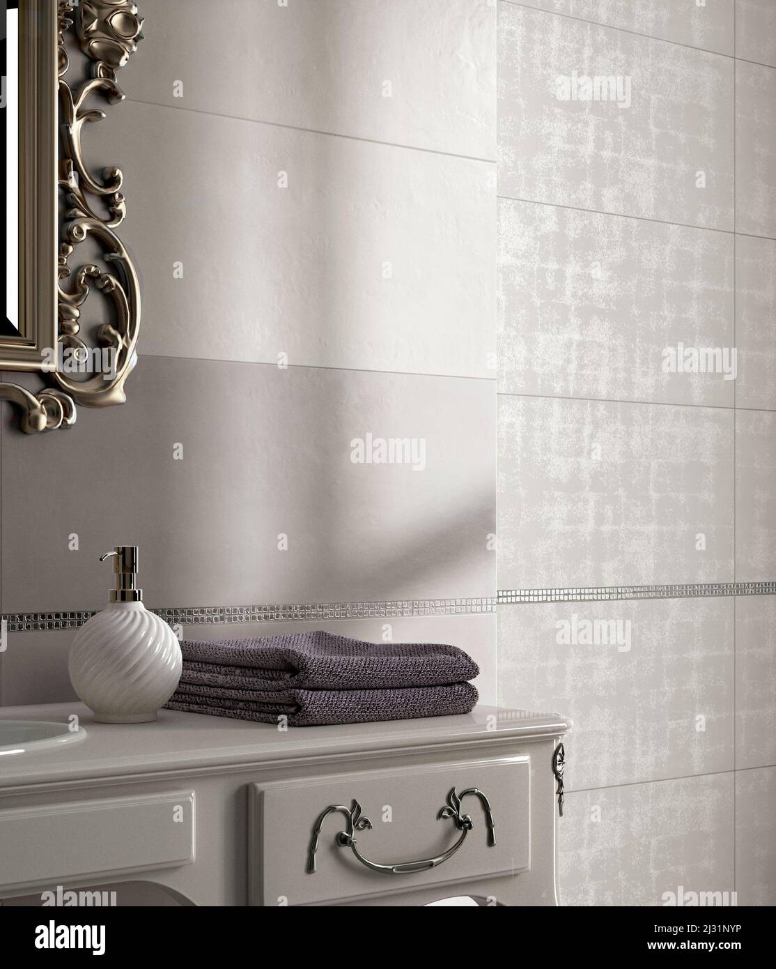 Modern bathroom with elegant tiles, seamless design, luxurious interior ...