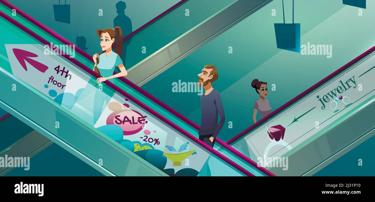 People on escalators in mall. Moving staircase, automatic ladder carrying man and woman up and ...