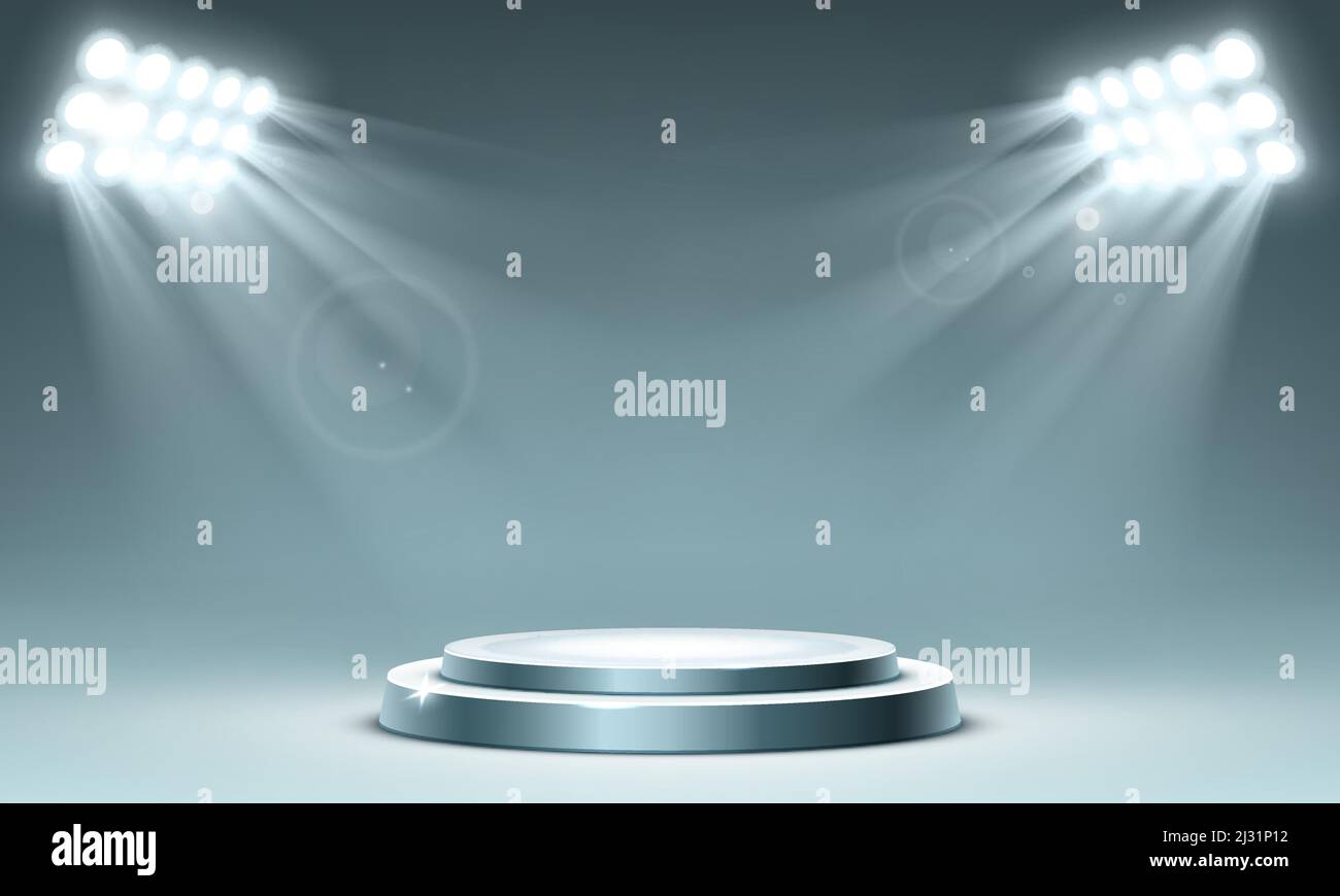 Round podium illuminated by spotlighs. Circular stand for exhibition ...