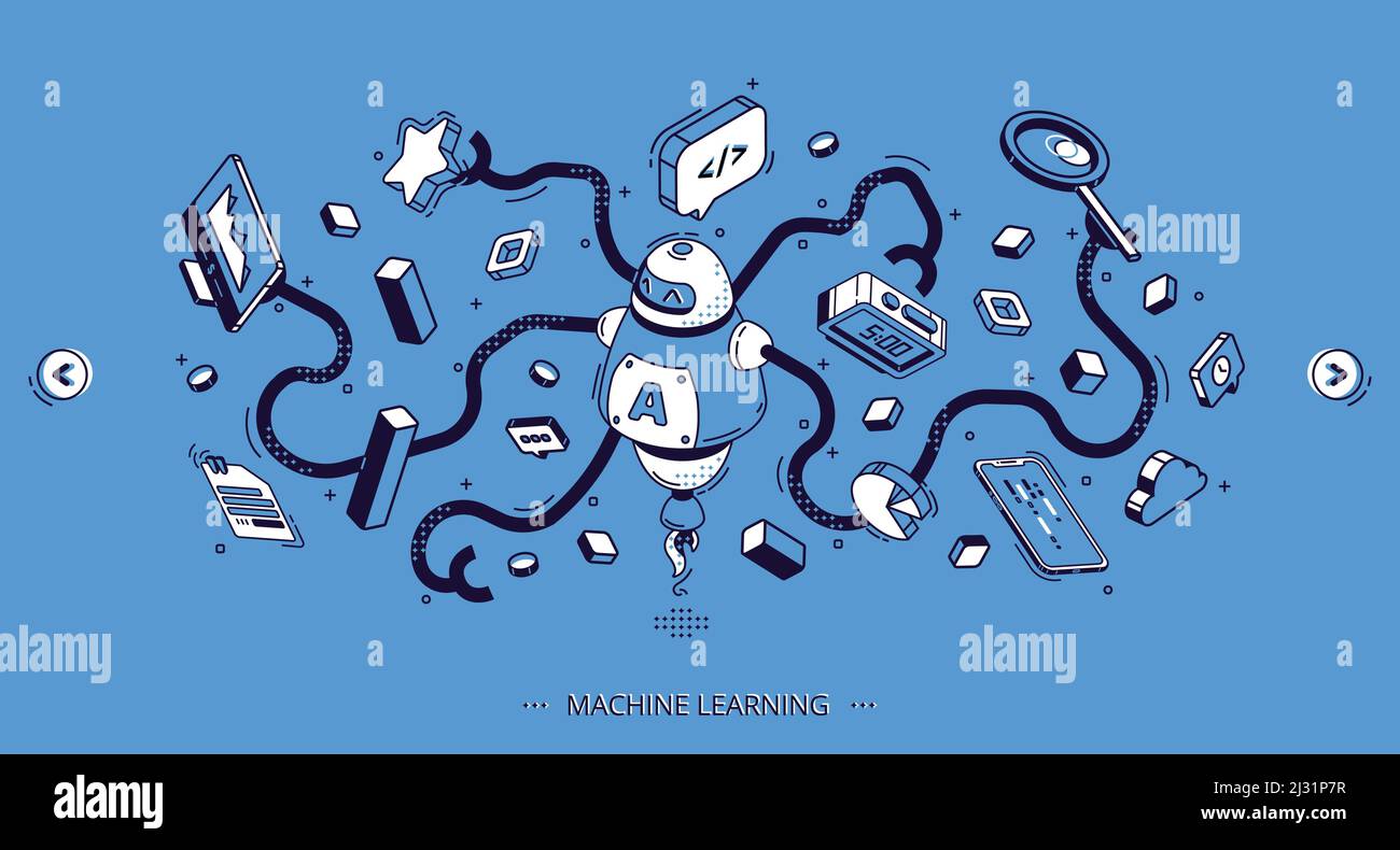 Machine learning isometric banner, artificial intelligence science ...