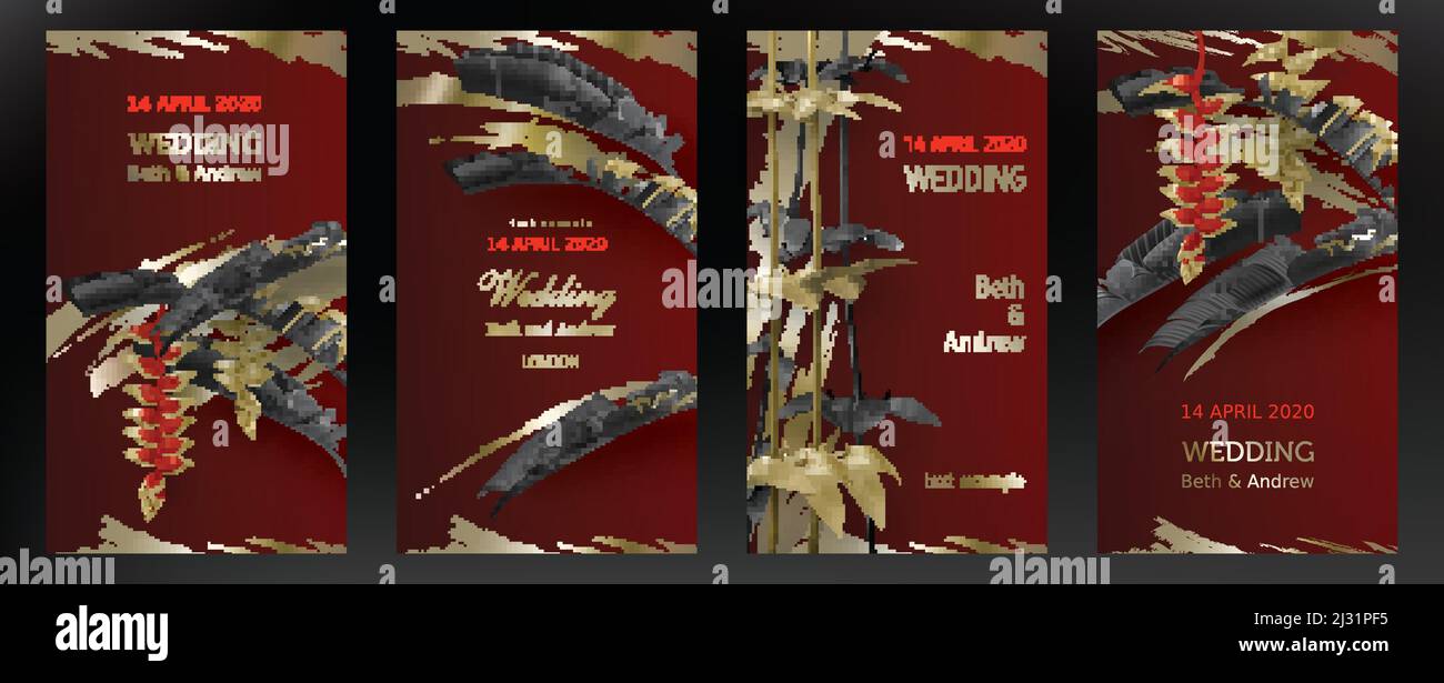 Tropical black gold leaves on dark maroon background vector poster ...