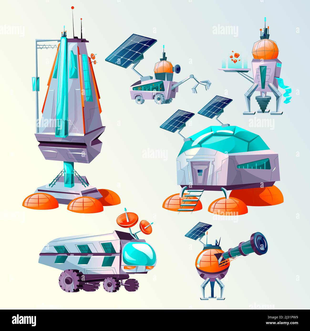 Space planet colonization vector cartoon set. Futuristic technology, sci-fi construction, space ...