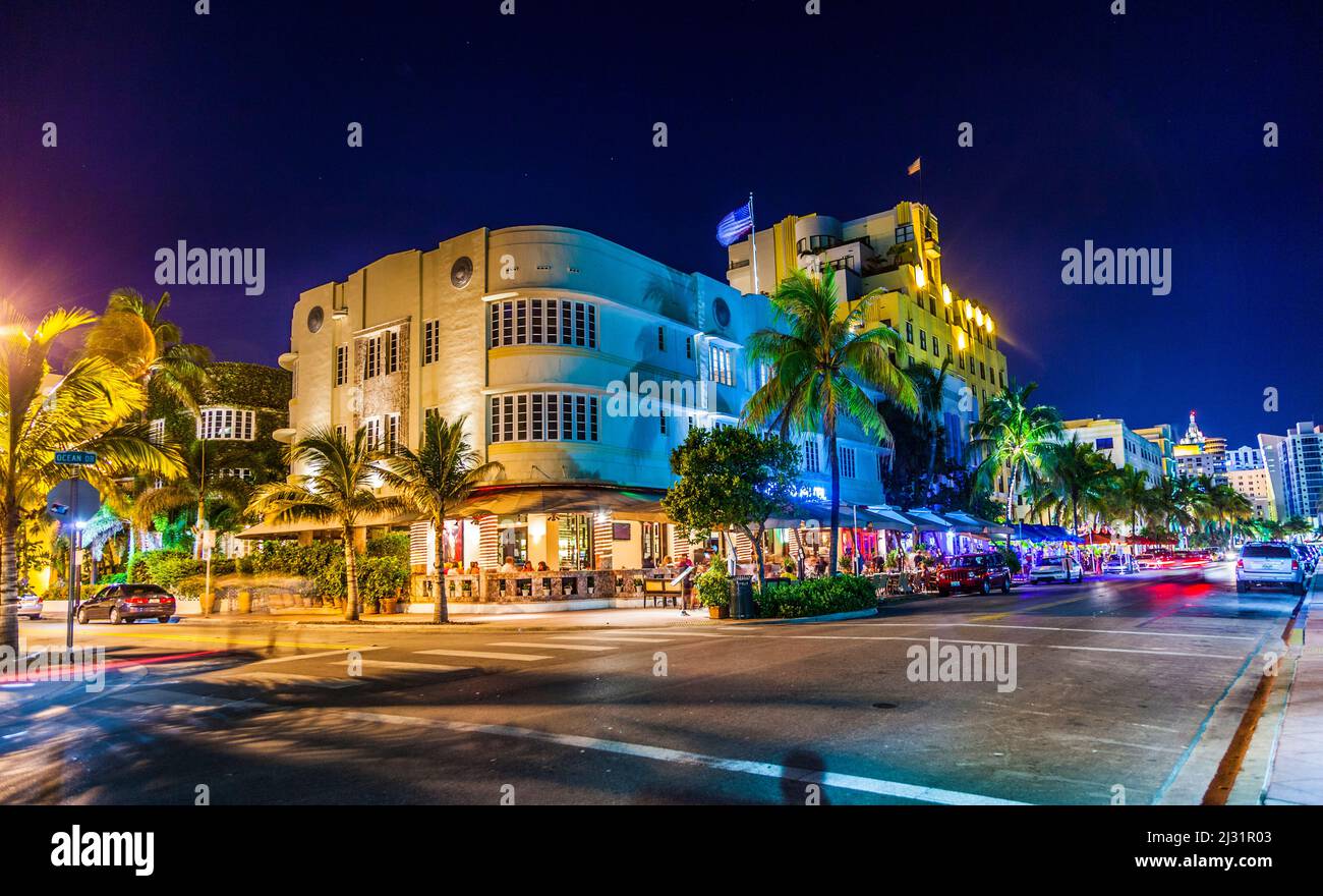 Miami, USA - August 2, 2010: Night view at Ocean drive in Miami Beach ...