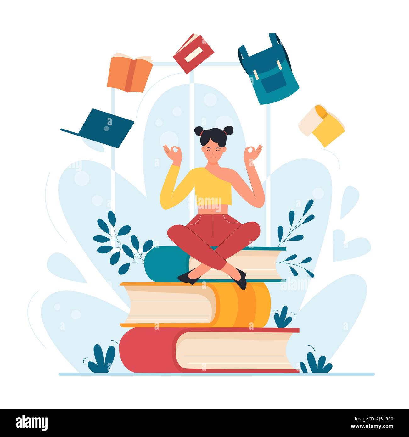 Yoga meditation of student sitting in lotus pose on stack of books ...