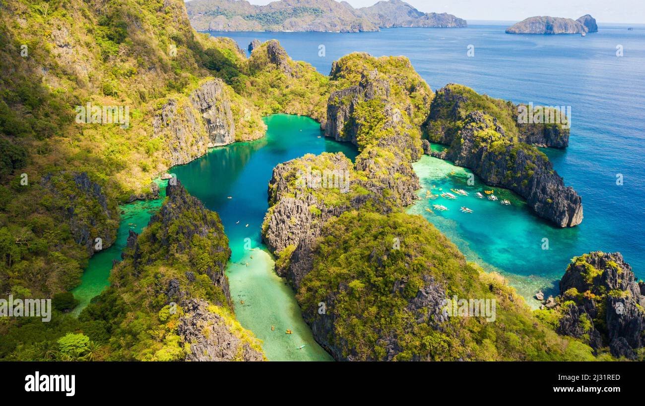 Aerial view of Big Lagoon and small Lagoon, Palawan Island, The ...