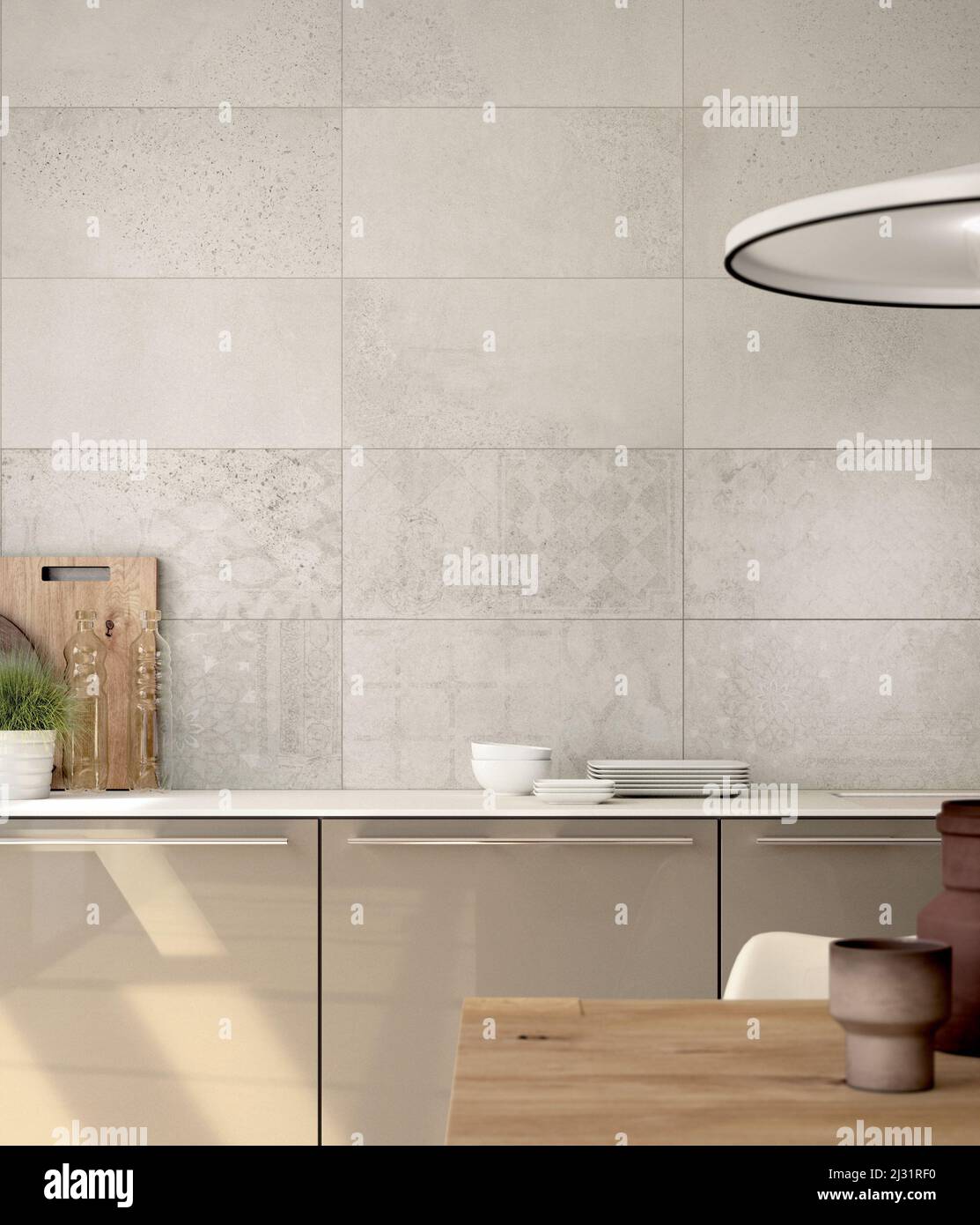 Modern interior design of kitchen with elegant gray tiles, seamless ...