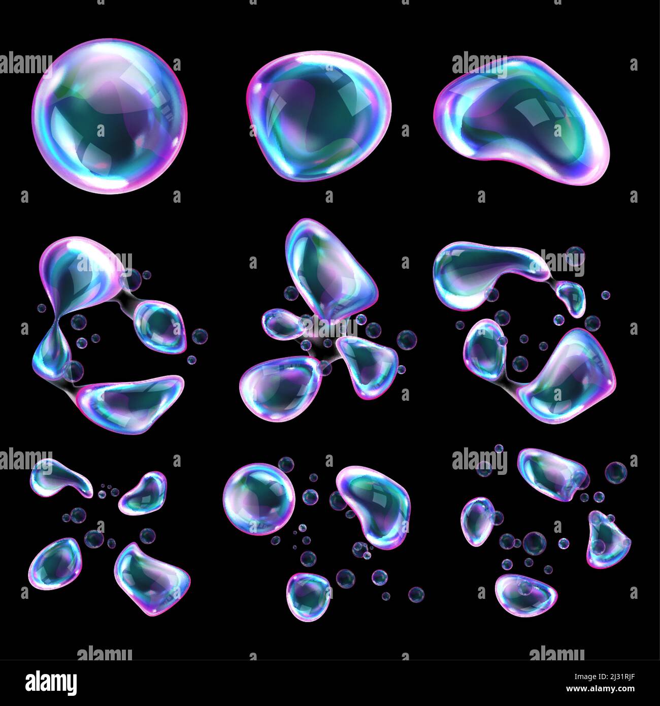 Bursting soap bubbles process stages, realistic transparent air spheres ...