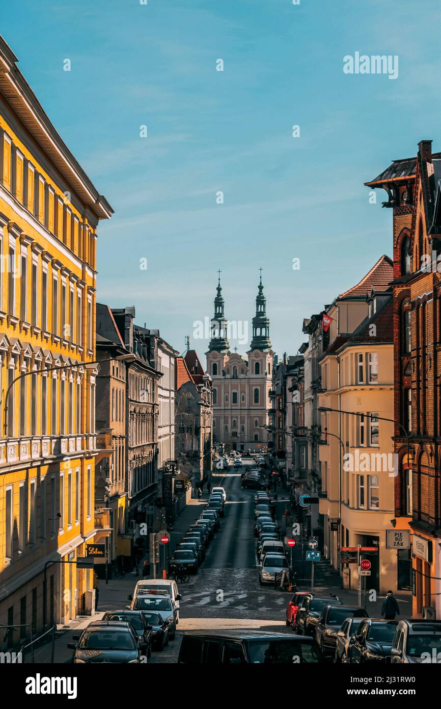 Street view, architectural building, status during Spring in Poznań ...