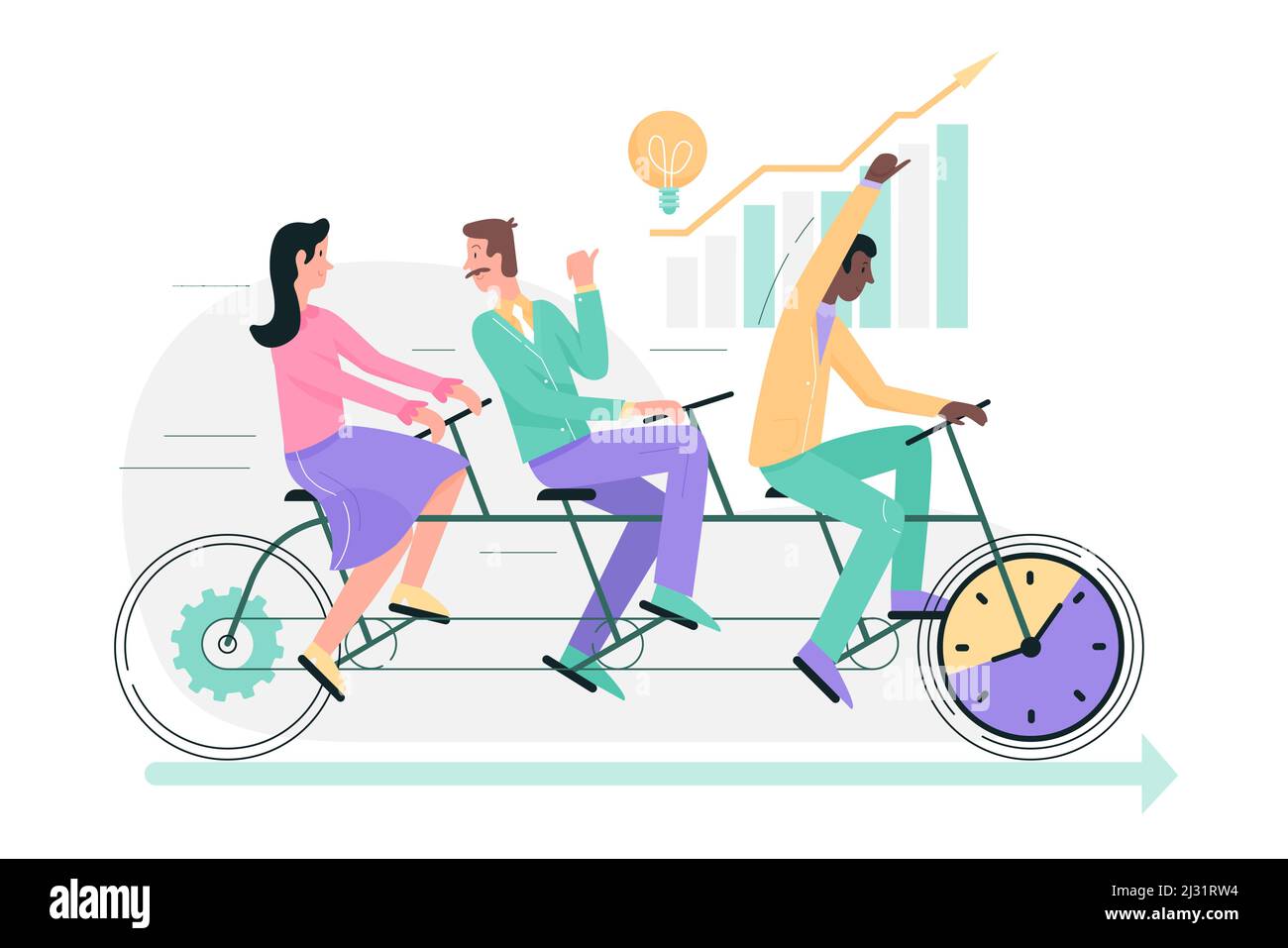 Collective teamwork, creative business people ride tandem bike together ...