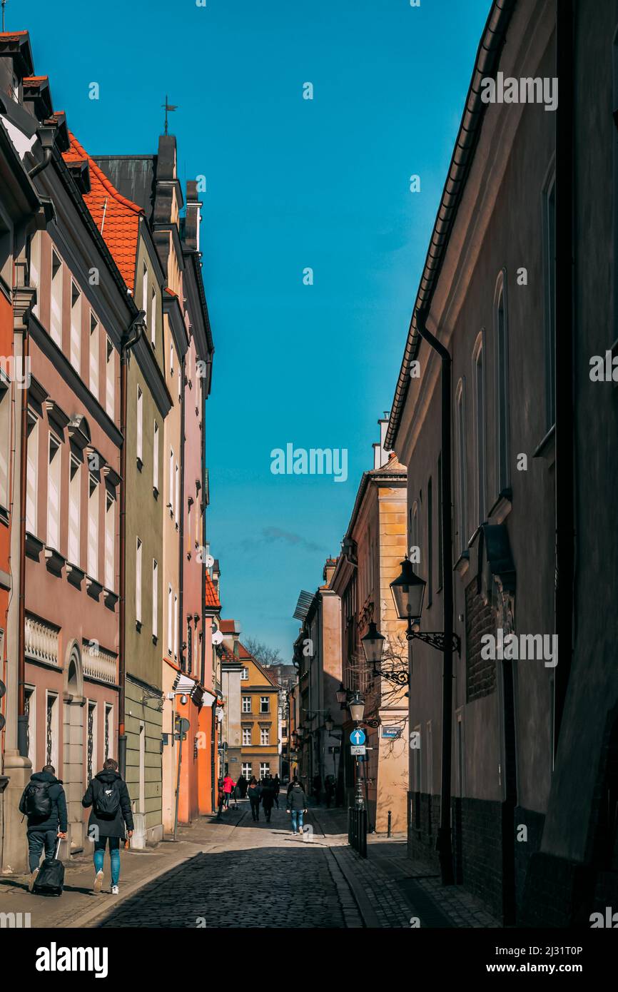 Street view, architectural building, status during Spring in Poznań ...