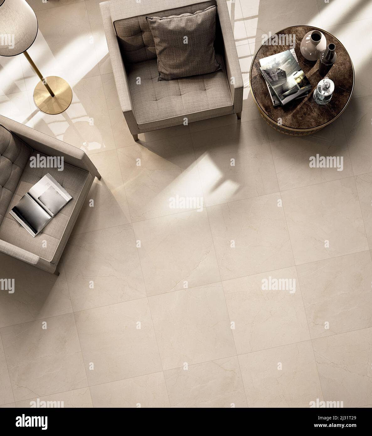 Modern interior design of room with elegant beige and cream tiles ...