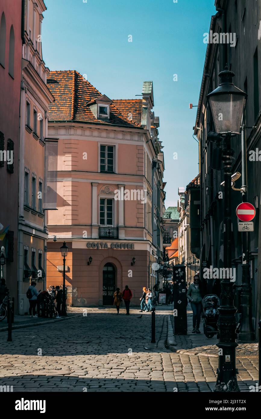 Street view, architectural building, status during Spring in Poznań ...