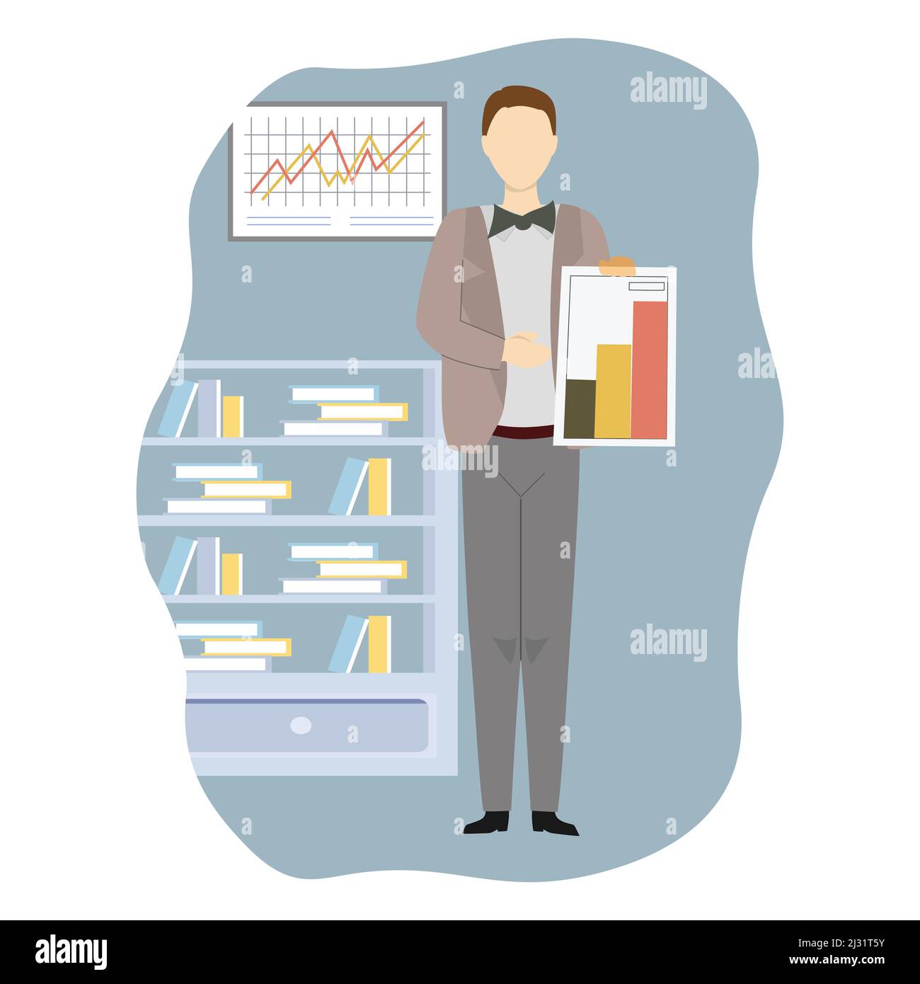 Business man standing and holding paper with growing line graph ...