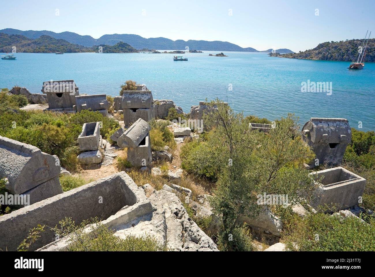 Lycian sarcophagi, rock tombs at the coast of Kekova, Anatolia, ancient ...