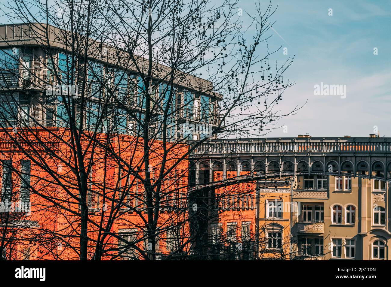 Street view, architectural building, status during Spring in Poznań ...