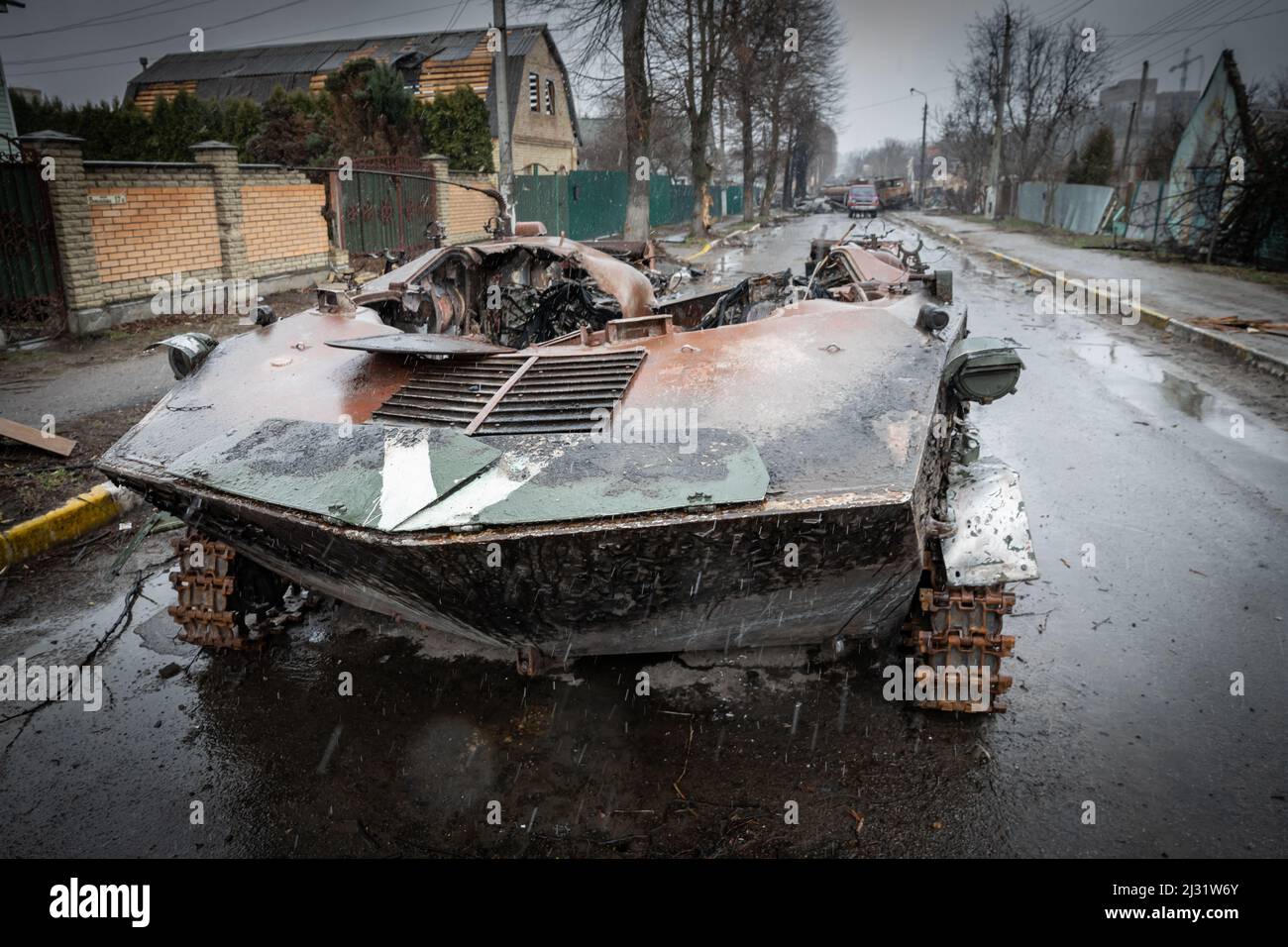 Remains of Russian military equipment in the city of Bucha, Ukraine ...
