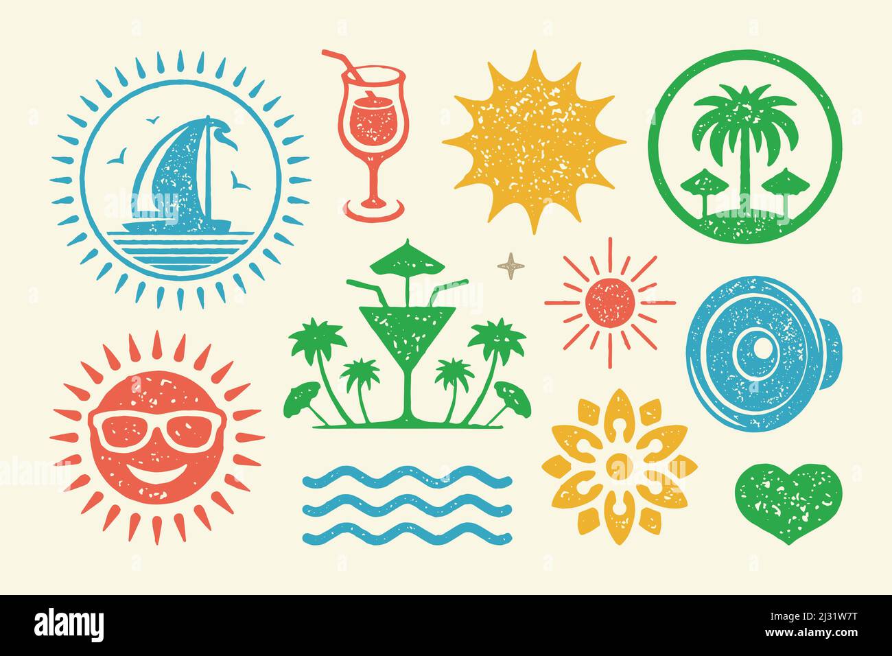 Summer symbols and objects set vector illustration. Tropical island ...